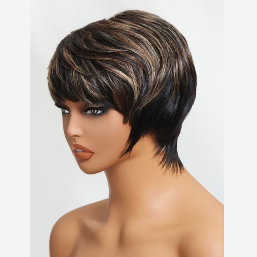 Full Machine Made Short Blonde Highlight Layered Pixie Cut Human Hair ...