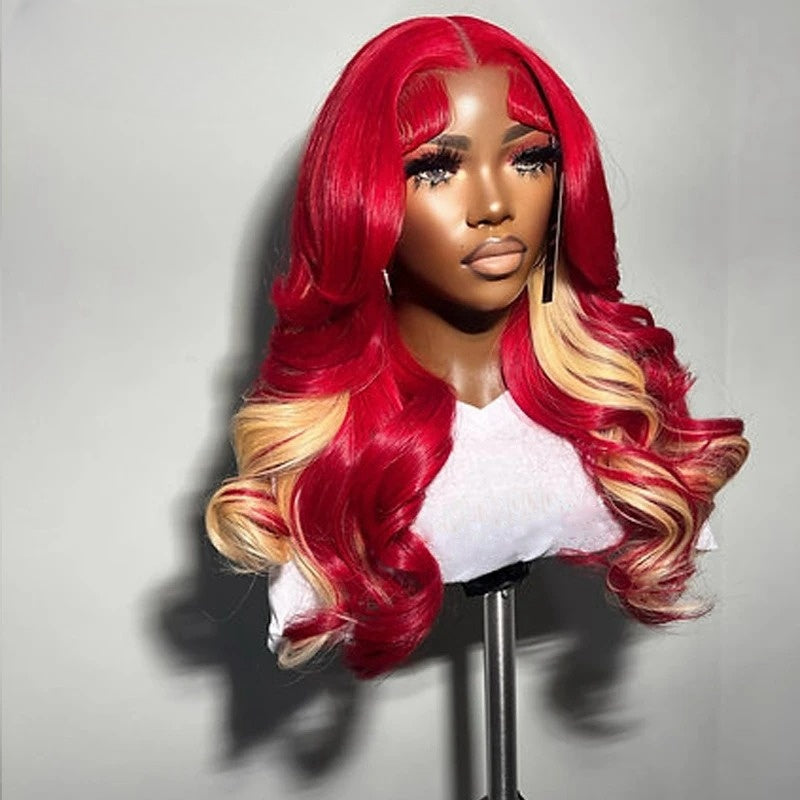 Red Blonde Wavy 13x4 Lace Front Red Highlight 180% Human Hair Wig Tran ...